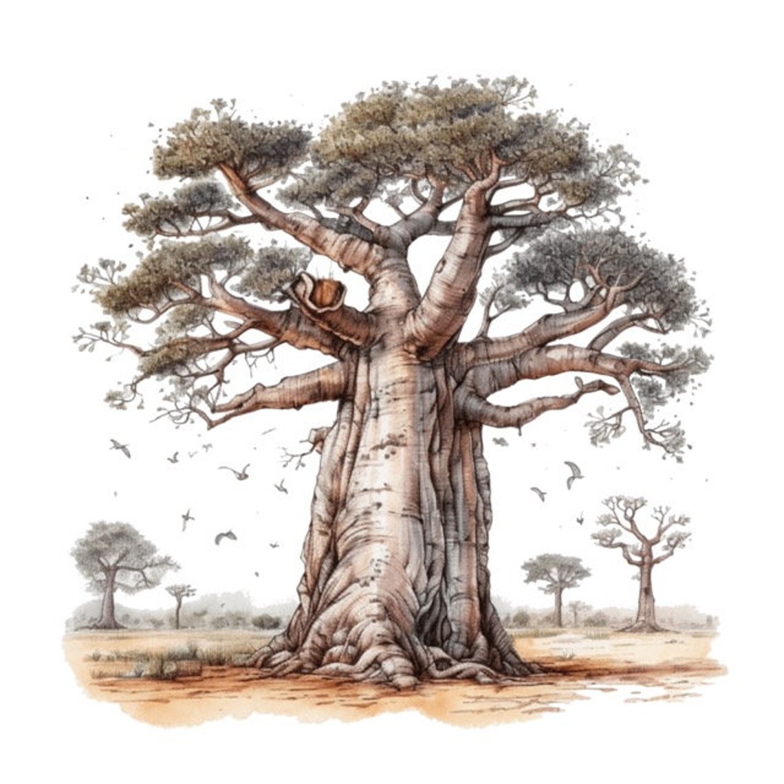 Baobab Tree Watercolor Clip Art 4 PNG Format Junk Journal Collage Mix ...