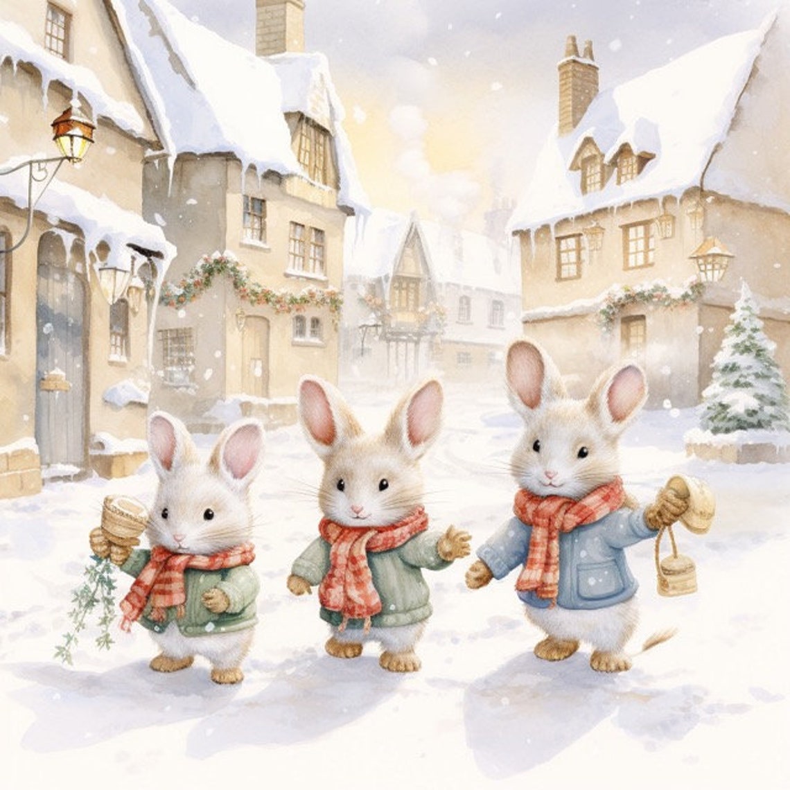 Bunny Rabbit Christmas Watercolor Clip Art 4 JPG Mix Media Card Making ...