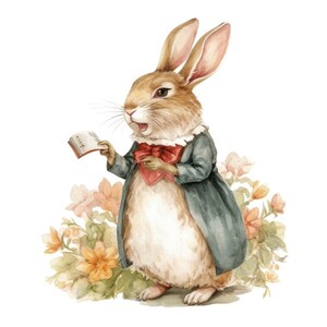 Cute Opera Singing Bunny Rabbit With Flowers Watercolor Clip Art 4 PNG ...