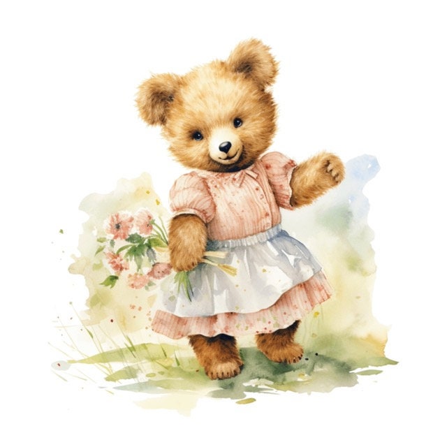 Teddy Bear Summer Flowers Watercolor Clipart 4 PNG Card Making Paper ...