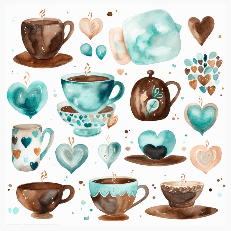 Hearts and Coffee Watercolor Clipart 8 High Quality JPG, Digital ...