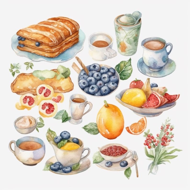 Breakfast Food Clipart Clip Art 8 High Quality JPG Watercolor Art ...