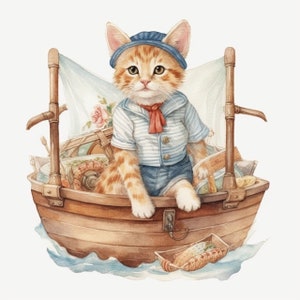 Kitty Cat a Captain Cruising 8 High Quality JPG Watercolor Digital ...