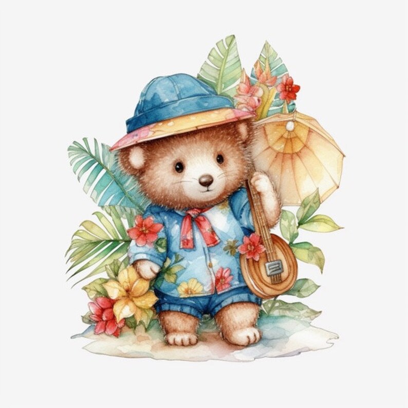 Teddy Bear in Hawaii Watercolor Clipart 8 High Quality JPG, Digital ...