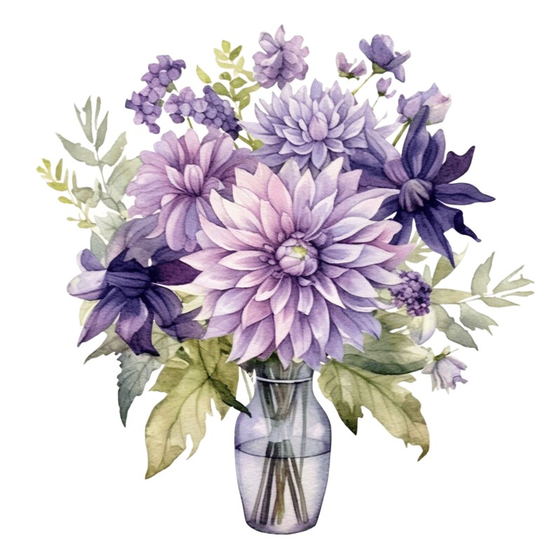 Purple Lilac Dahlia Flower Bouquet Sublimation Graphics Watercolor Clip ...