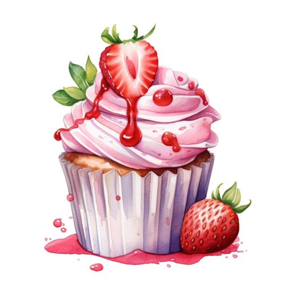 Strawberry Cupcake Watercolor Clip Art 4 High Quality PNG Transparent ...