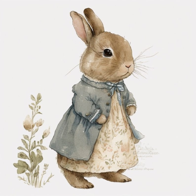 Bunny Rabbit in Vintage Clothes Clipart 8 High Quality JPG Watercolor ...