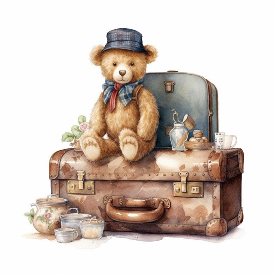 Traveling Teddy Bear Suitcase Watercolor Clipart 8 High Quality JPG ...