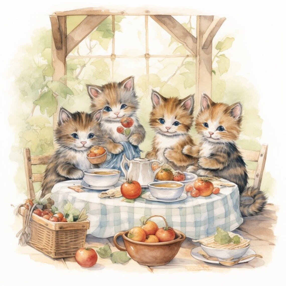 Kittens Having Lunch Watercolor Clip Art 4 PNG Mix Media Card Making ...