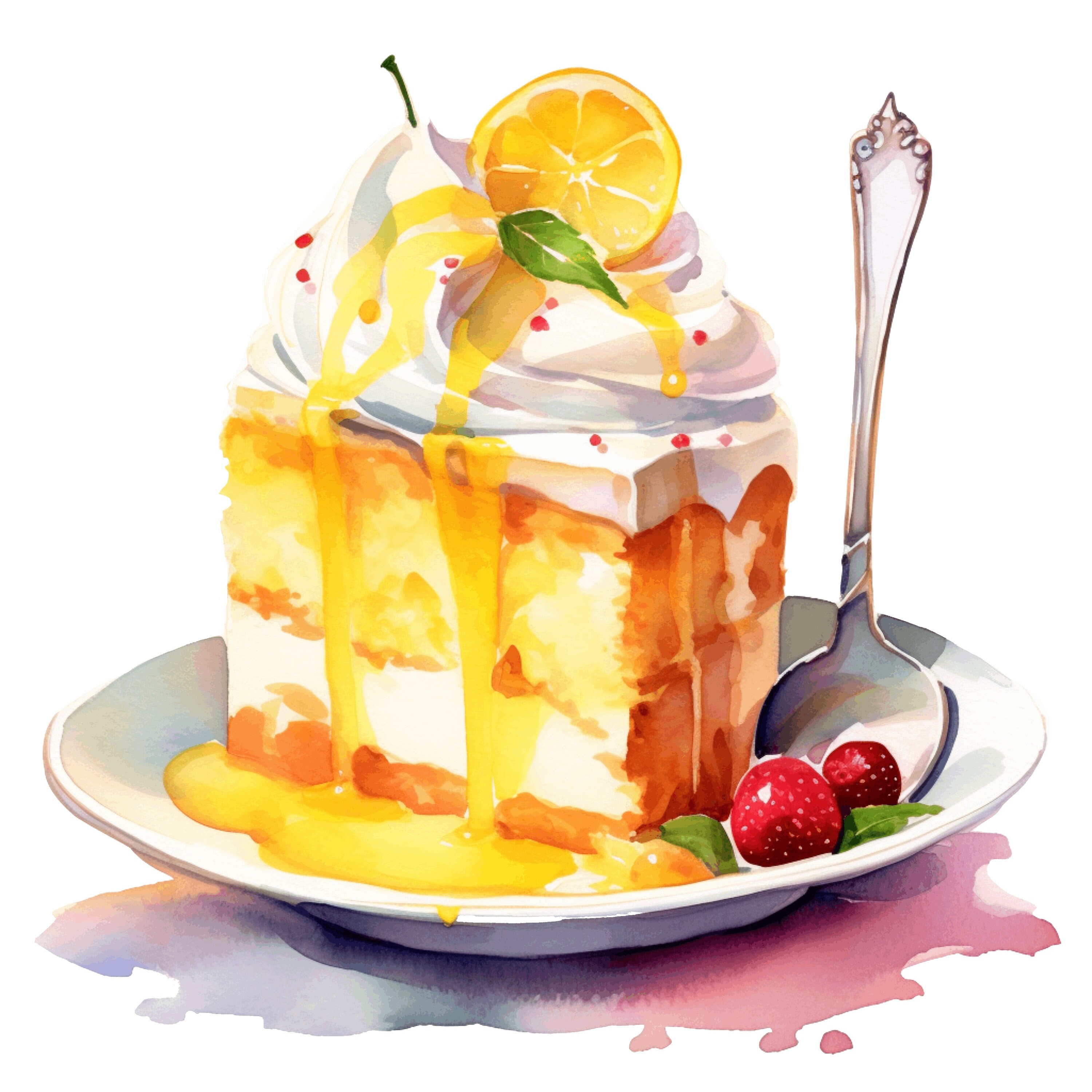 Lemon Cake With Whipped Cream Watercolor Clip Art 4 High Quality PNG ...