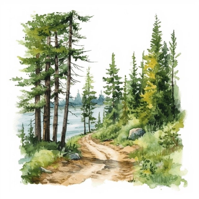 Forest Lake Hiking Trail Watercolor Clip Art 4 High Quality PNG Format ...
