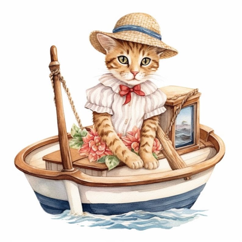 Kitty Cat a Captain Cruising 8 High Quality JPG Watercolor Digital ...