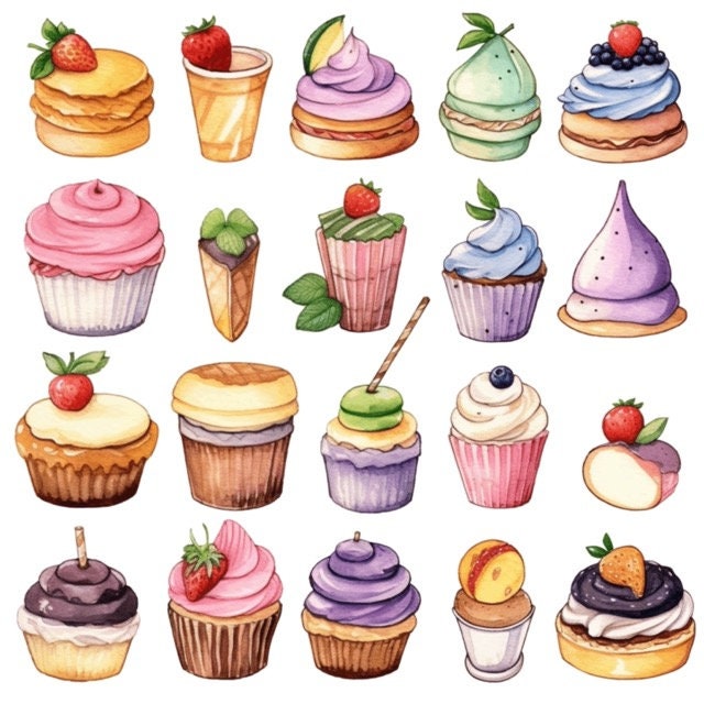 Cupcakes and Desserts Watercolor Clip Art 4 High Quality PNG ...