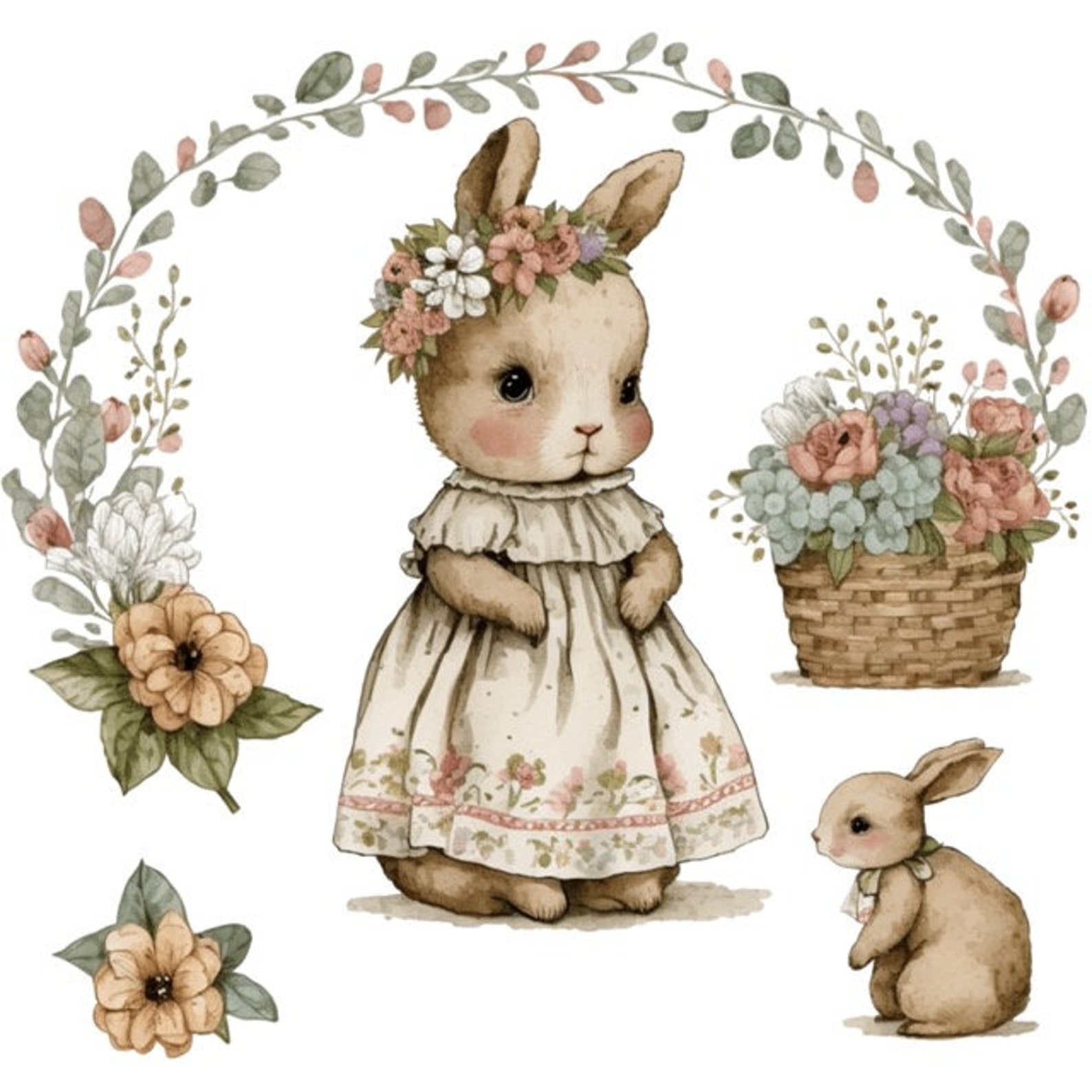 Vintage Bunny Rabbit Flowers Clip Art Sublimation Graphics - Etsy