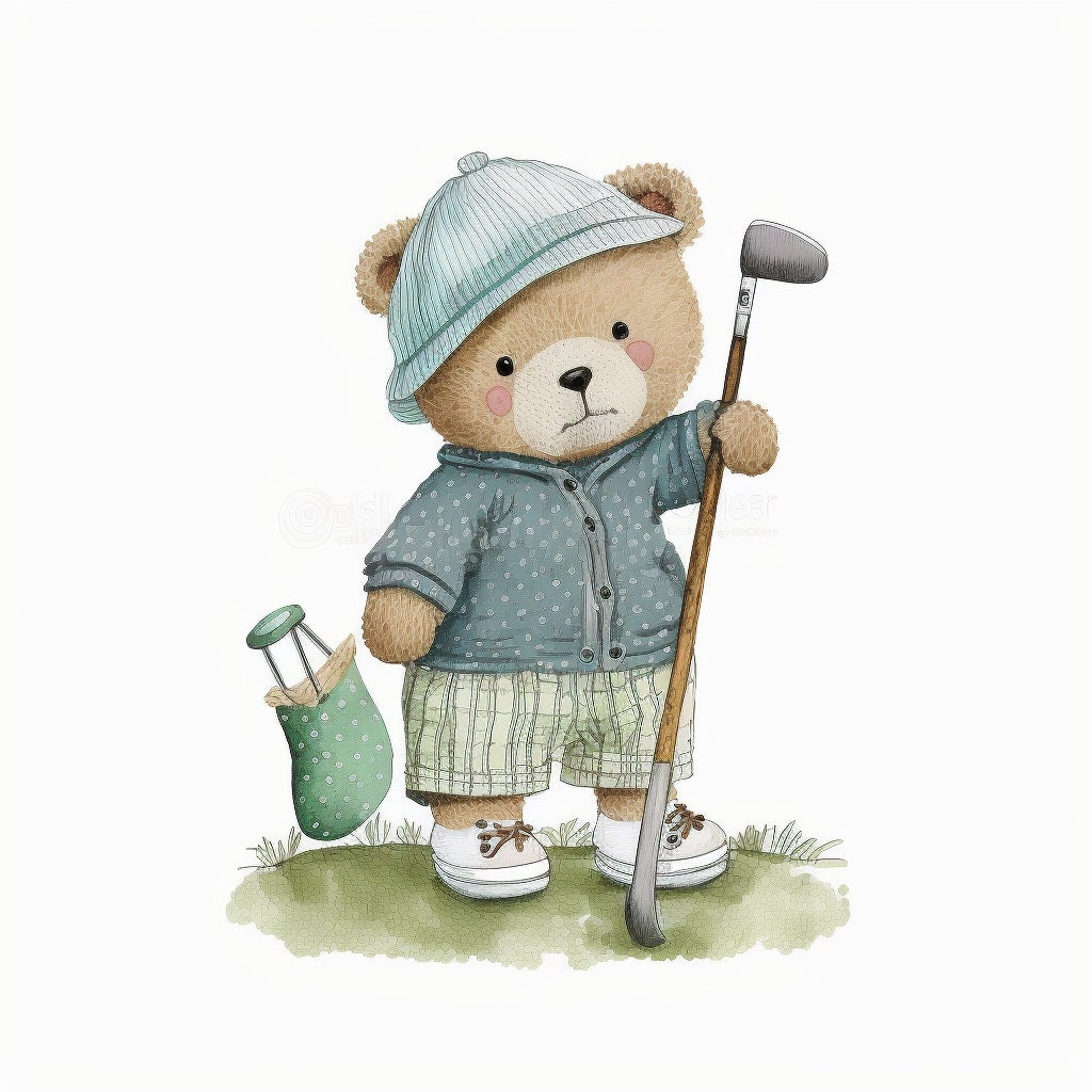 Teddy Bear Playing Golf Clipart, 8 High Quality JPG Watercolor Art ...