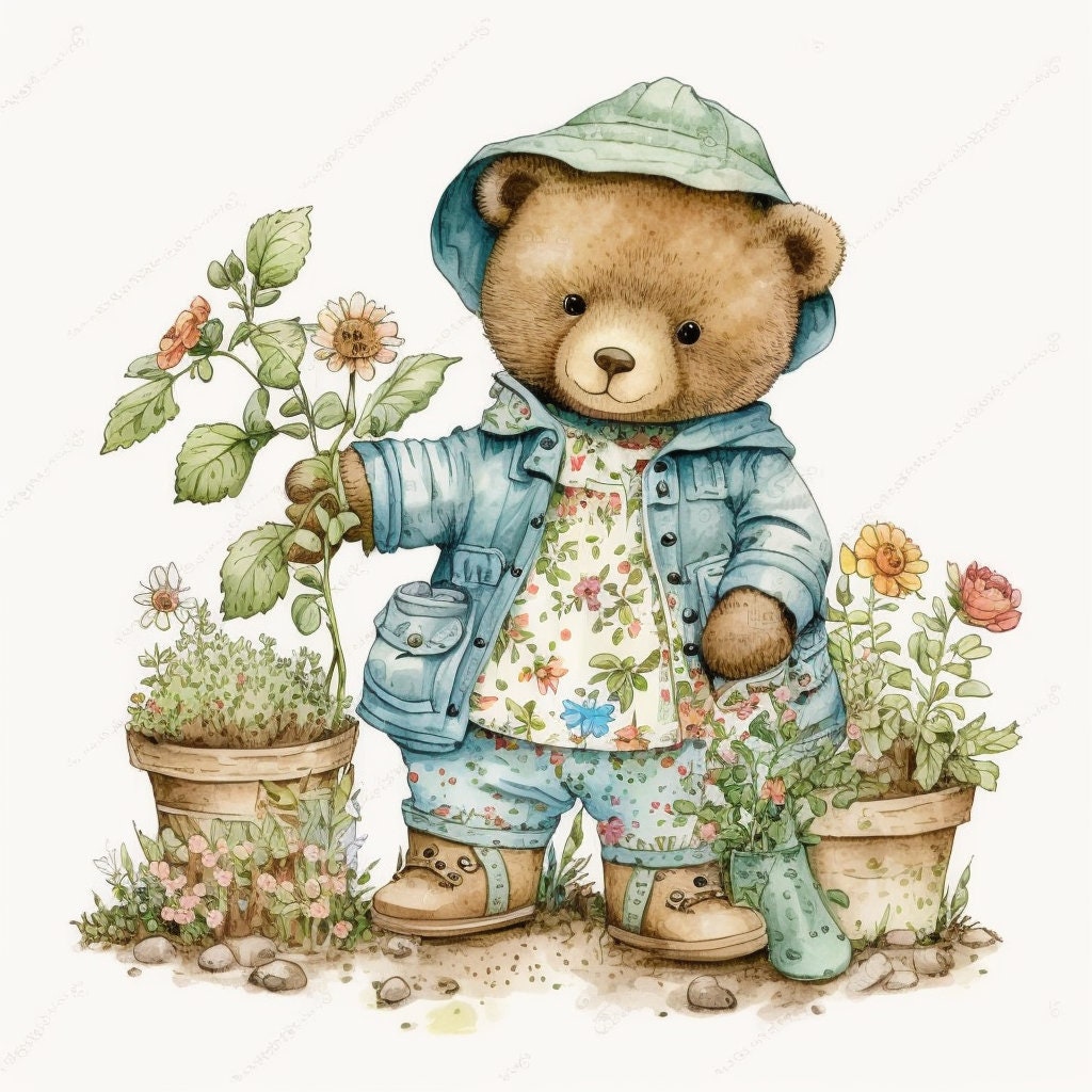 Teddy Bear Gardening Clipart 8 High Quality JPG Watercolor - Etsy