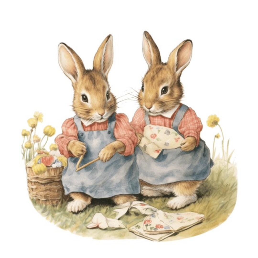 Twin Bunny Rabbits Birthday Card Watercolor Clip Art Sublimation ...