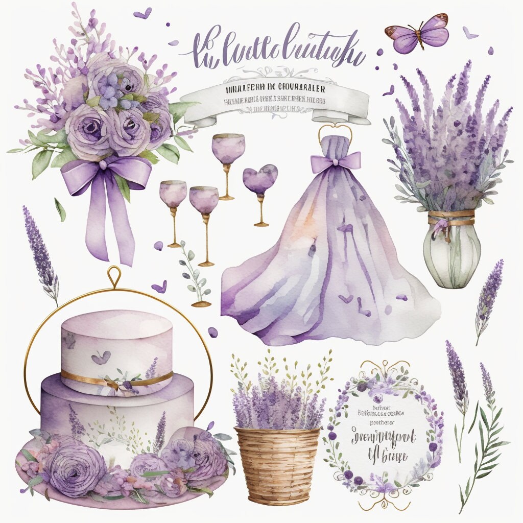Watercolor Lavender Wedding Clip Art 8 Jpgs Card Making Mix - Etsy
