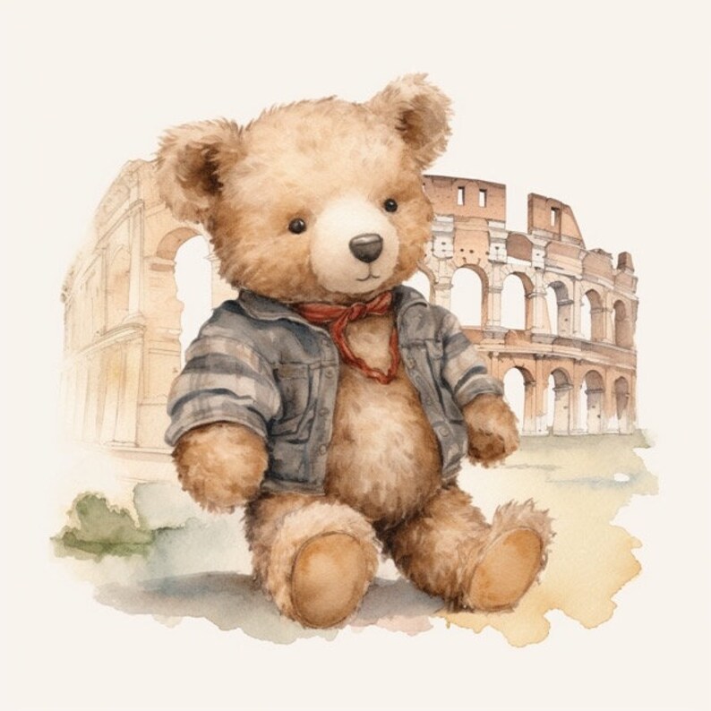 Traveling Teddy Bear in Rome Watercolor Clipart 8 High Quality JPG ...