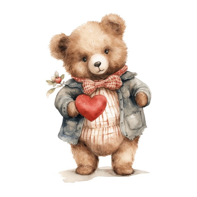 Mother's Day Teddy Bear With a Heart Watercolor Clip Art 4 High Quality ...