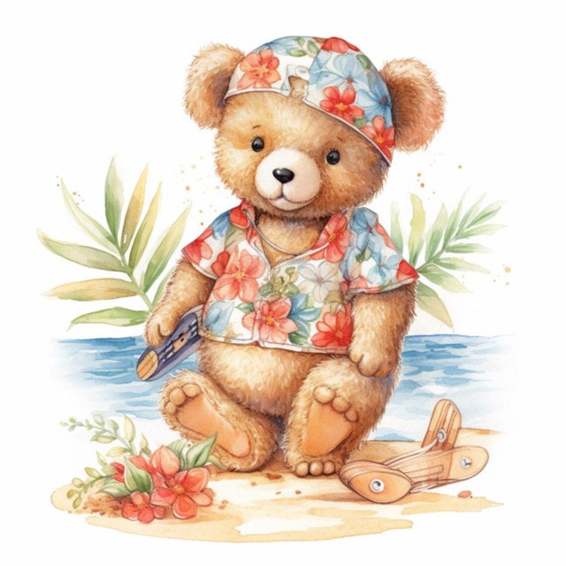 Teddy Bear in Hawaii Watercolor Clipart 8 High Quality JPG, Digital ...