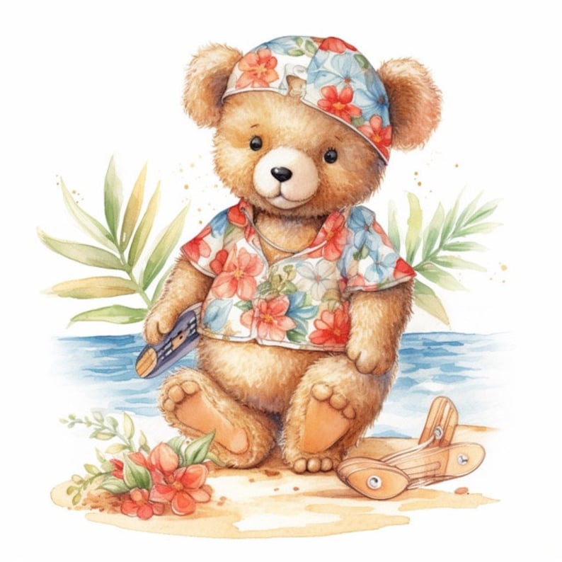 Teddy Bear in Hawaii Watercolor Clipart 8 High Quality JPG - Etsy