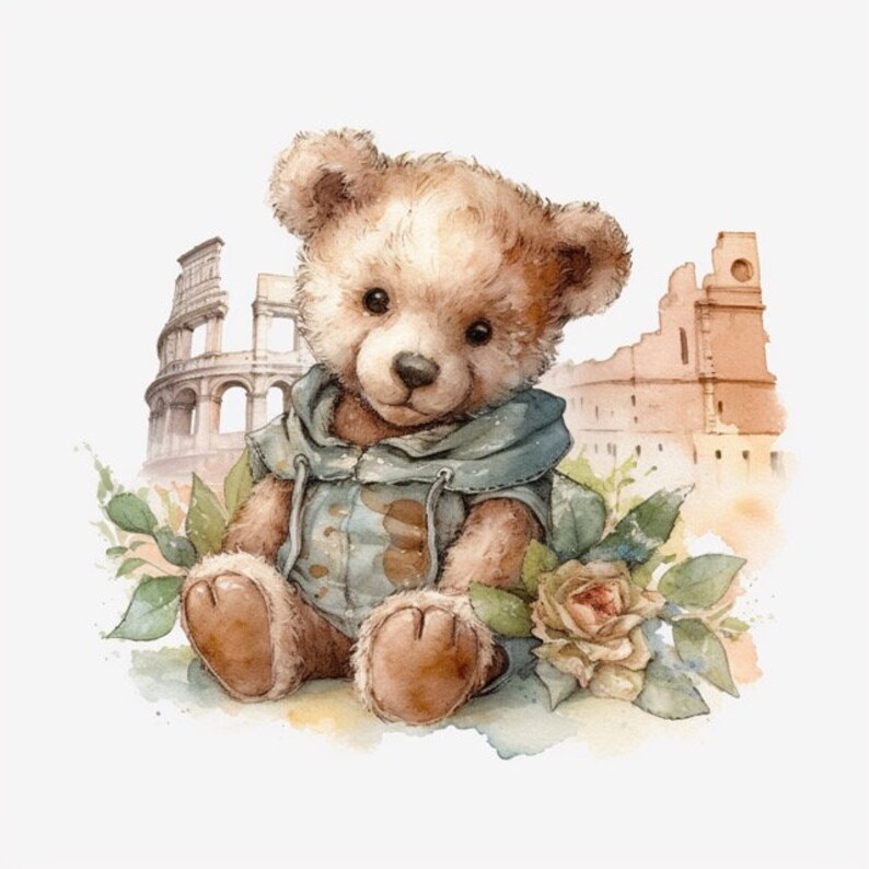 Traveling Teddy Bear in Rome Watercolor Clipart 8 High Quality JPG ...