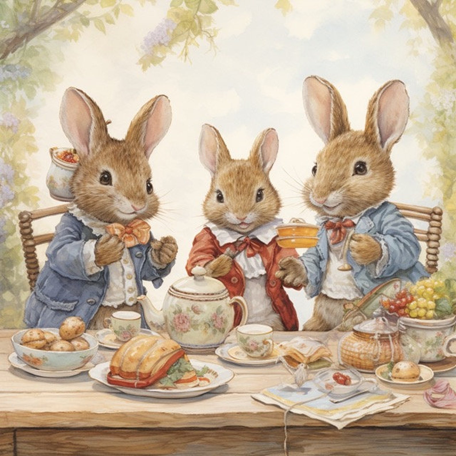 Bunny Rabbit Tea Time Watercolor Clip Art Sublimation Graphics 4 JPG ...