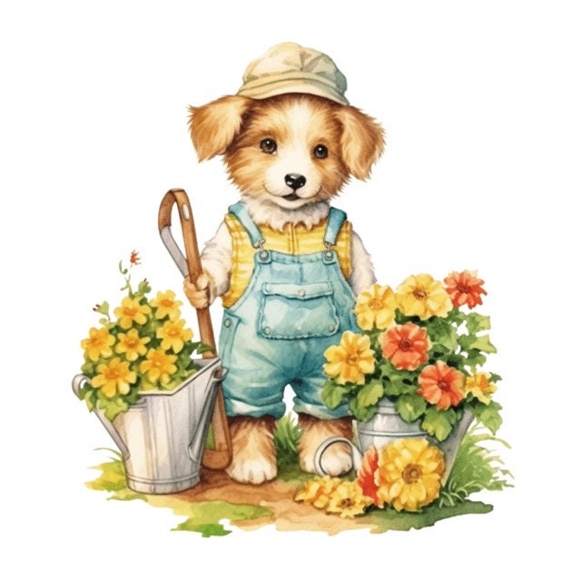 Puppy Dog Gardening Sublimation Graphics Watercolor Clip Art 4 High ...