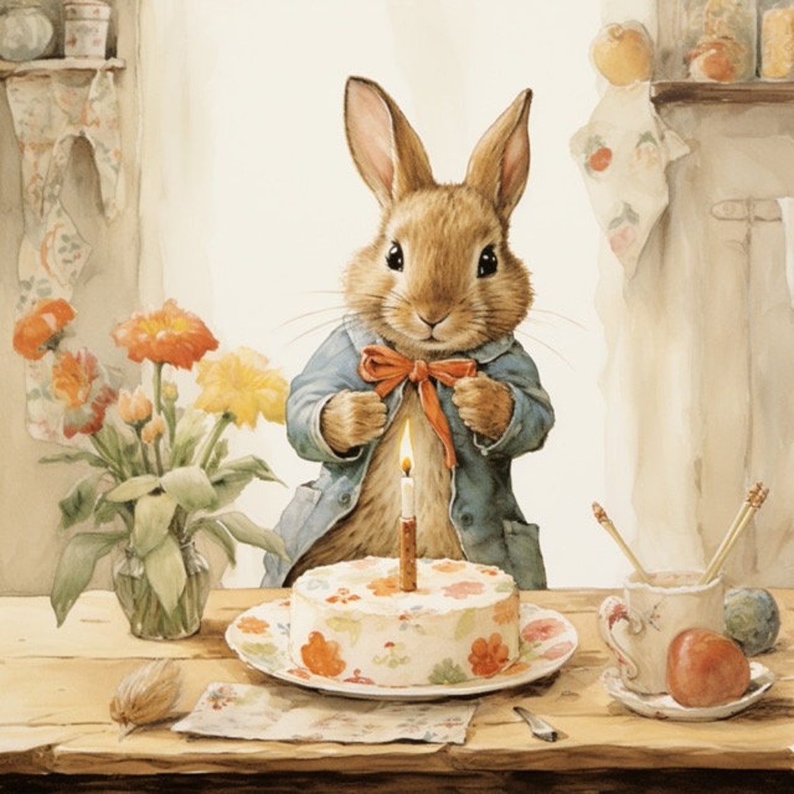 Bunny Rabbit Birthday Card Watercolor Clip Art Sublimation Graphics 4 ...