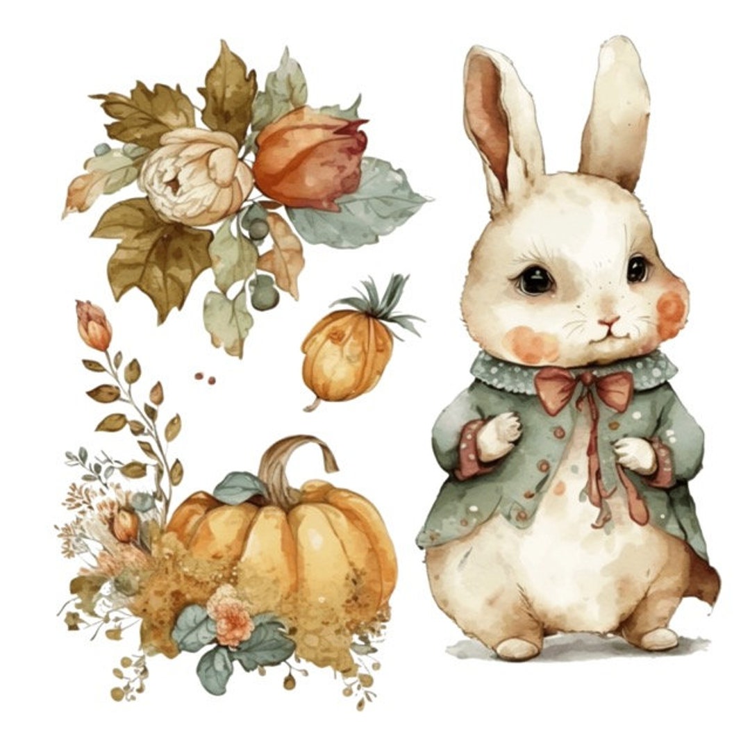 Halloween Thanksgiving Pumpkin Bunny Rabbit Watercolor Clip Art 4 PNG ...