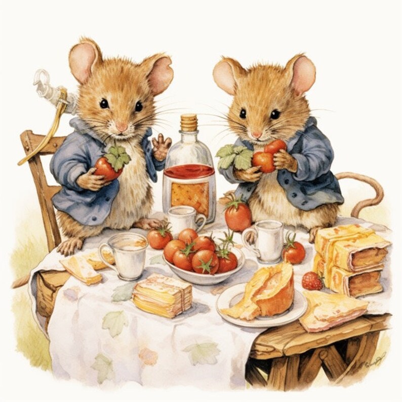 Mice Lunch Party Watercolor Clip Art 4 PNG Mix Media Card - Etsy