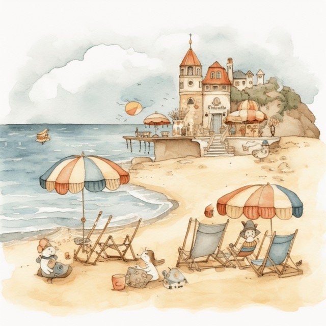 French Riviera Beach Coastal Cost Watercolor Clip Art 4 High Quality ...