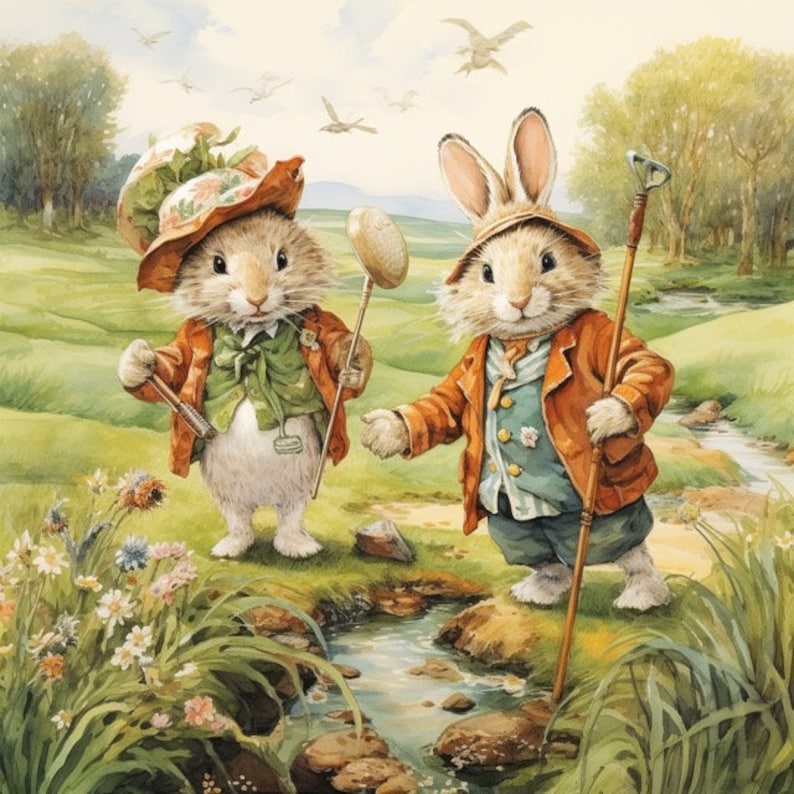 Bunny Rabbit Golf Play Watercolor Clip Art 4 JPG Files Mix Media Paper ...