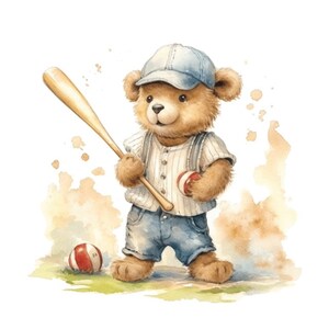 Teddy Bear Playing Baseball Father's Day Watercolor Clip Art 4 High ...