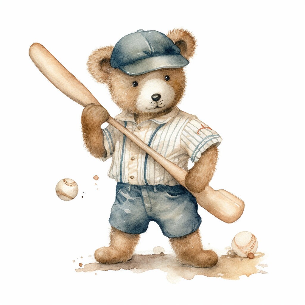 Teddy Bear Playing Baseball Clipart 8 High Quality JPG Watercolor Art ...