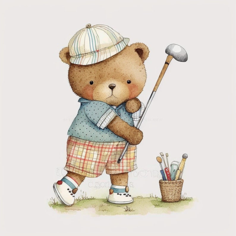 Teddy Bear Playing Golf Clipart, 8 High Quality JPG Watercolor Art ...