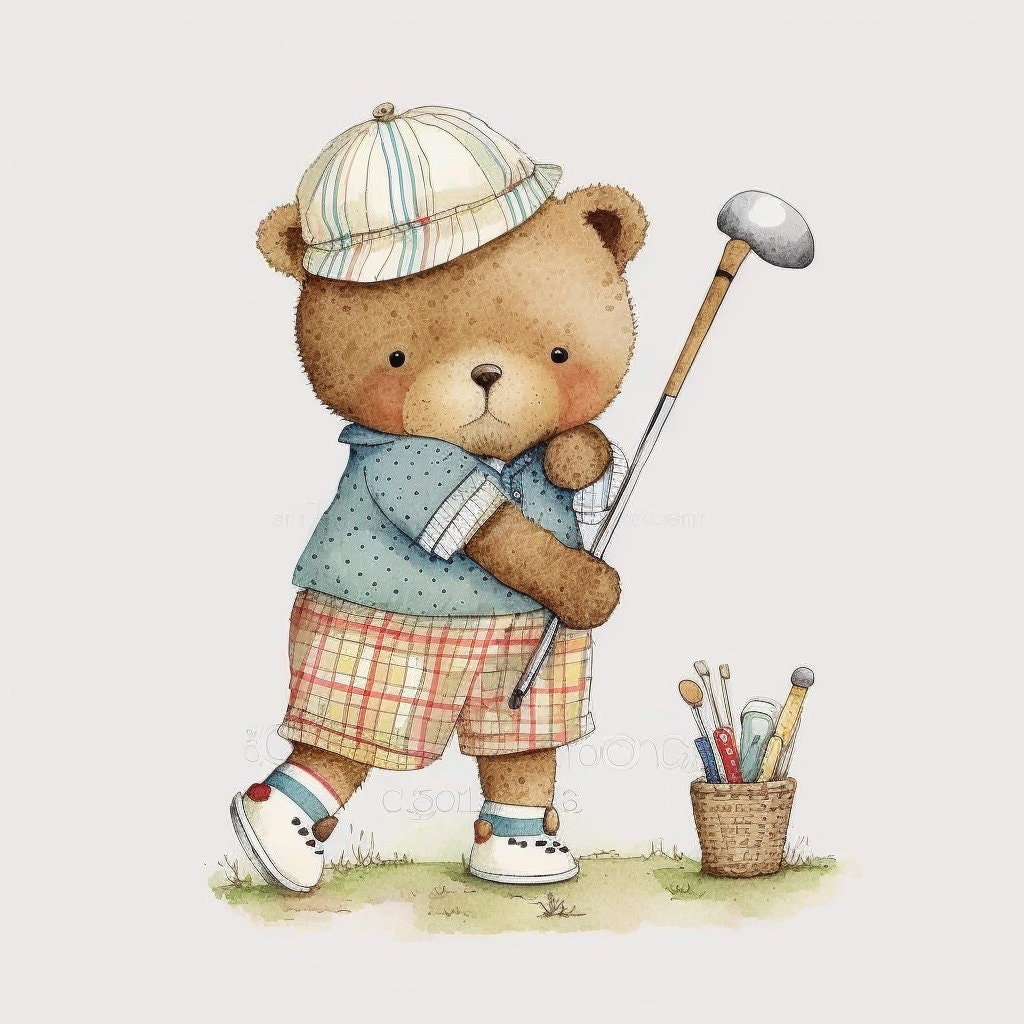 Teddy Bear Playing Golf Clipart 8 High Quality JPG Watercolor - Etsy ...