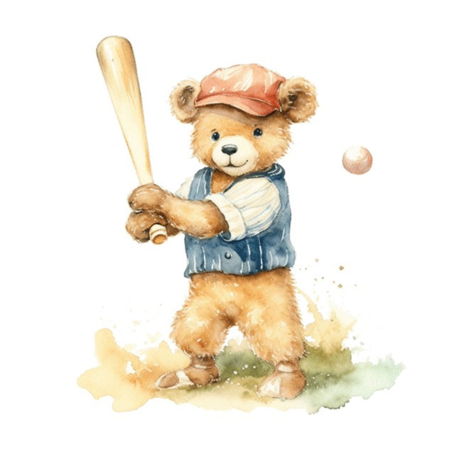Teddy Bear Playing Baseball Father's Day Watercolor Clip Art 4 High ...
