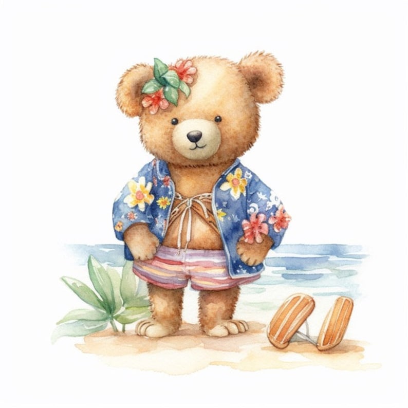 Teddy Bear in Hawaii Watercolor Clipart 8 High Quality JPG - Etsy