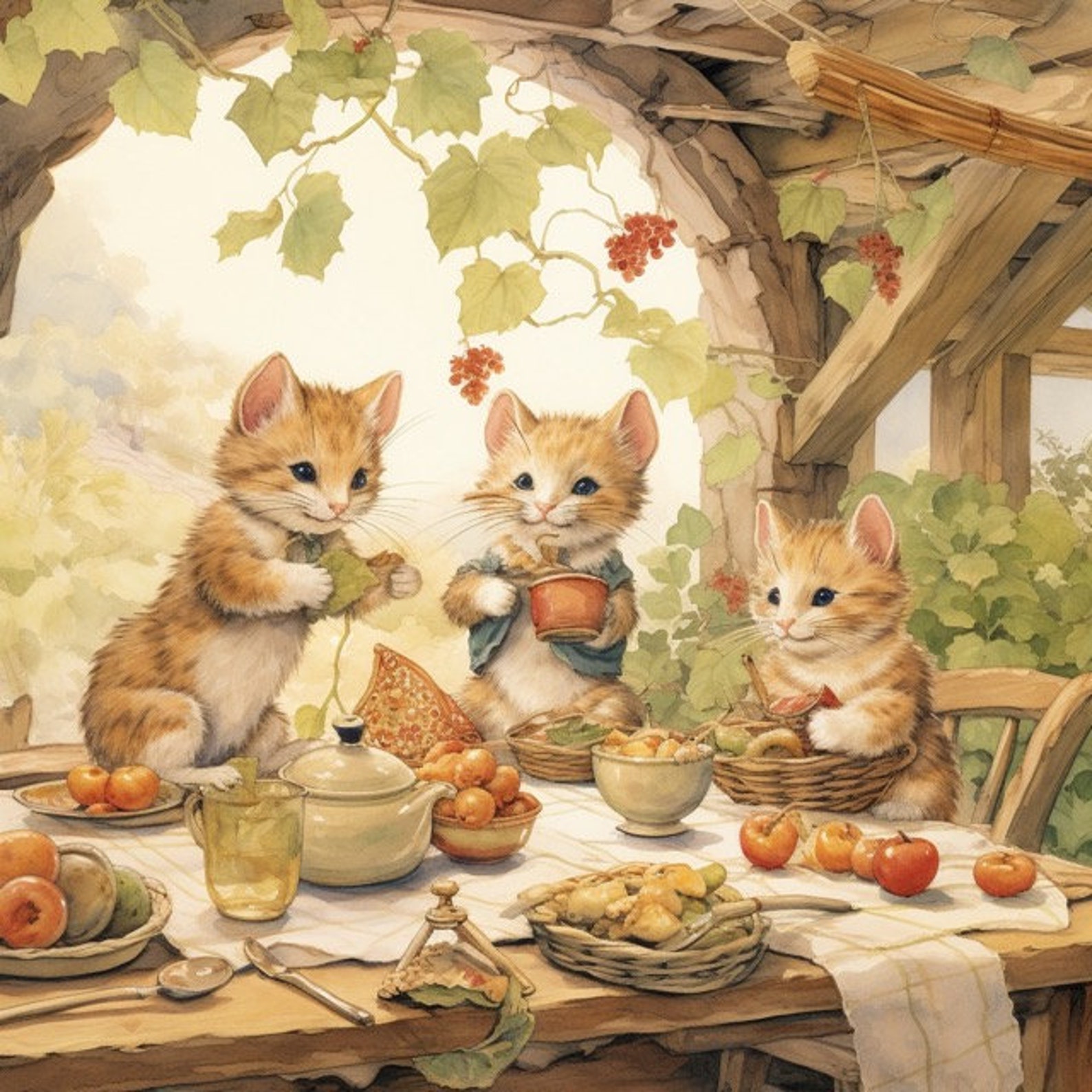 Kittens Having Lunch Watercolor Clip Art 4 PNG Mix Media Card Making ...
