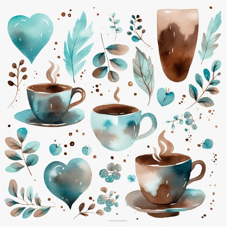 Hearts and Coffee Watercolor Clipart 8 High Quality JPG, Digital ...