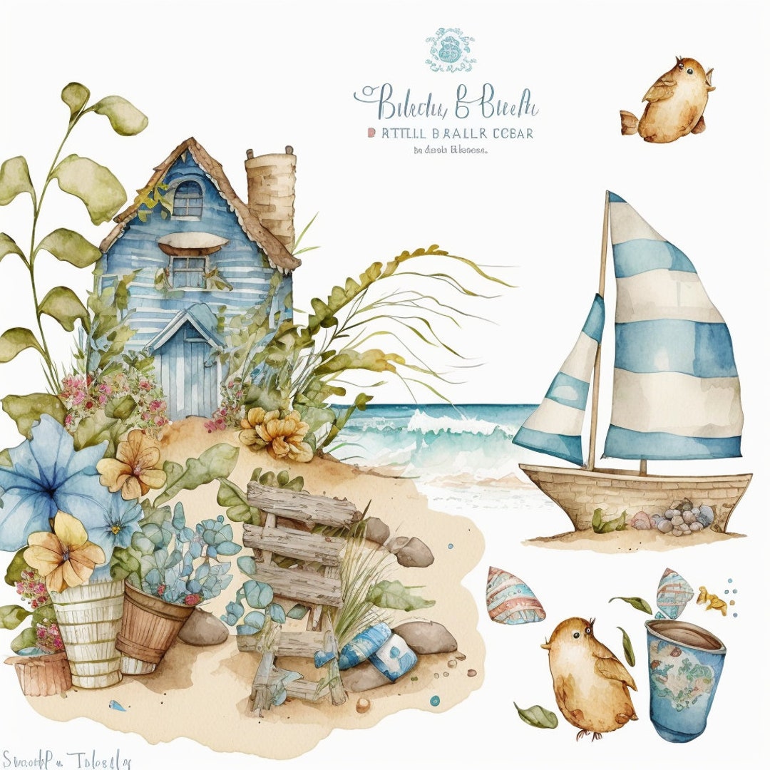 Coastal Beach Clipart 8 High Quality JPG Watercolor Art Digital ...
