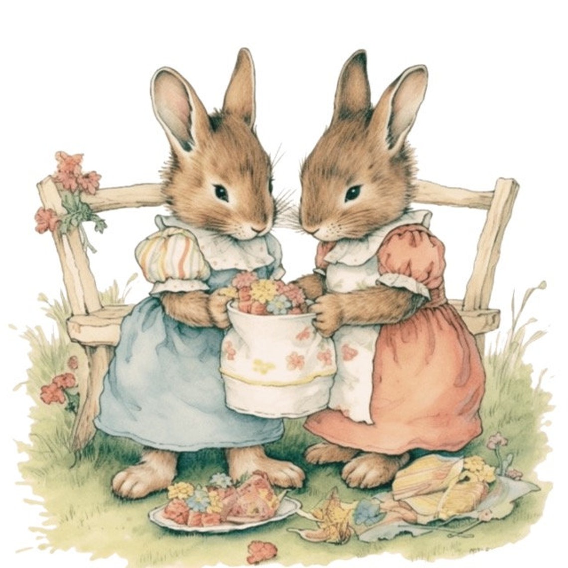 Twin Bunny Rabbits Birthday Card Watercolor Clip Art Sublimation ...