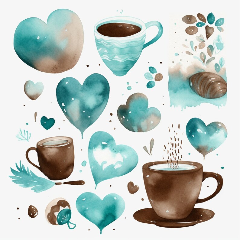 Hearts and Coffee Watercolor Clipart 8 High Quality JPG, Digital ...