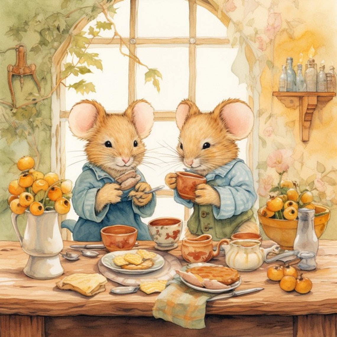 Mice Lunch Party Watercolor Clip Art 4 JPG Mix Media Card Making ...