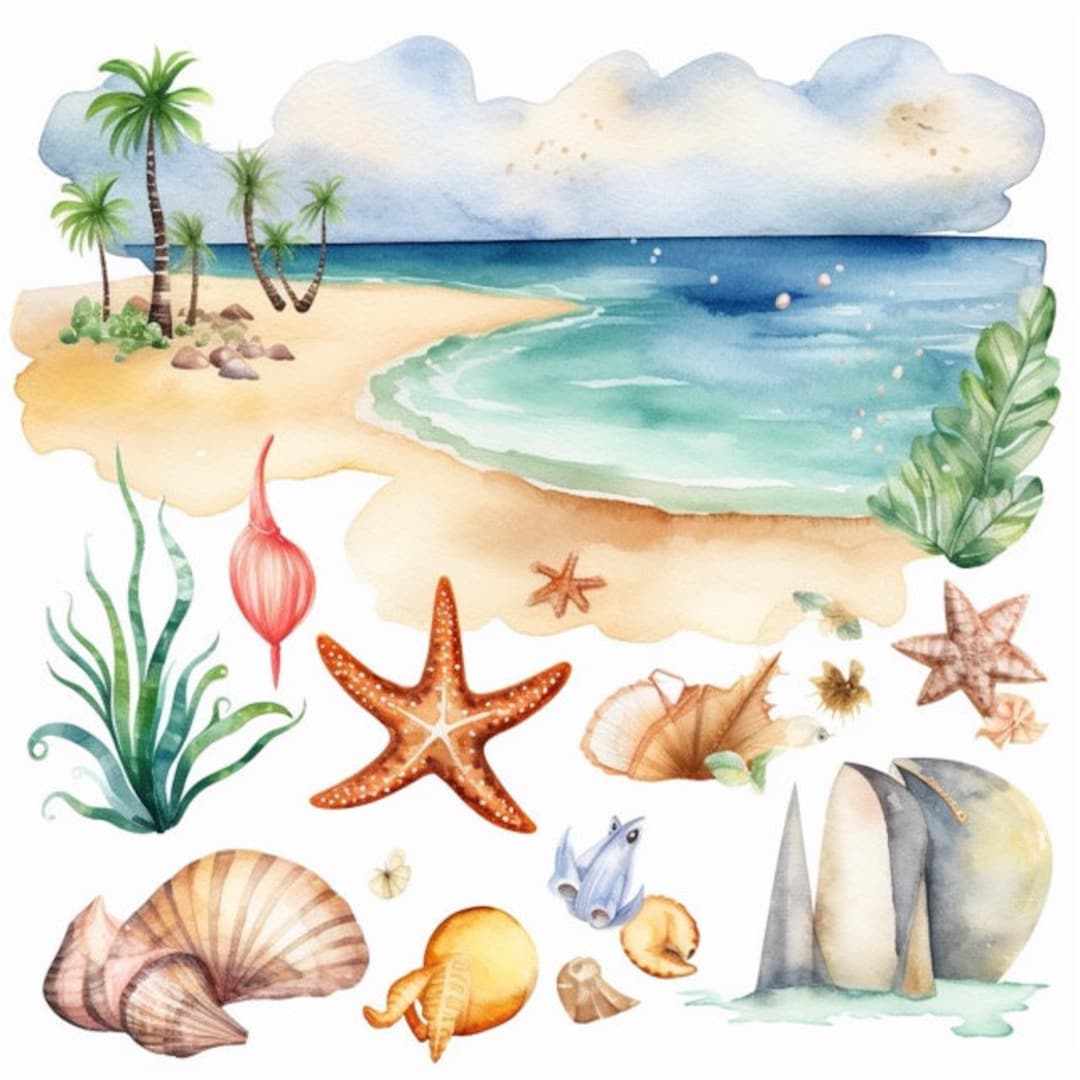 Coastal Beach Clipart, 8 High Quality JPG Watercolor Art, Digital ...