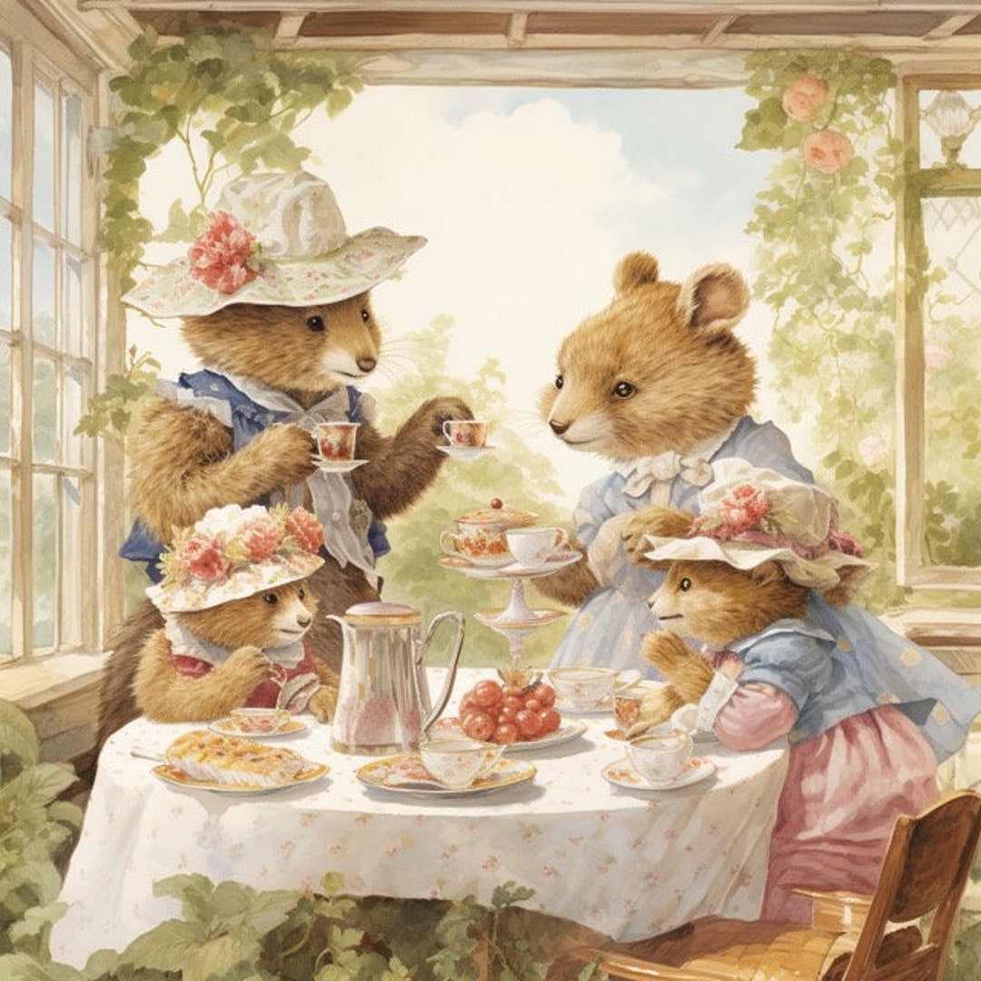 Teddy Bear Tea Time Watercolor Clip Art Sublimation Graphics 4 JPG ...