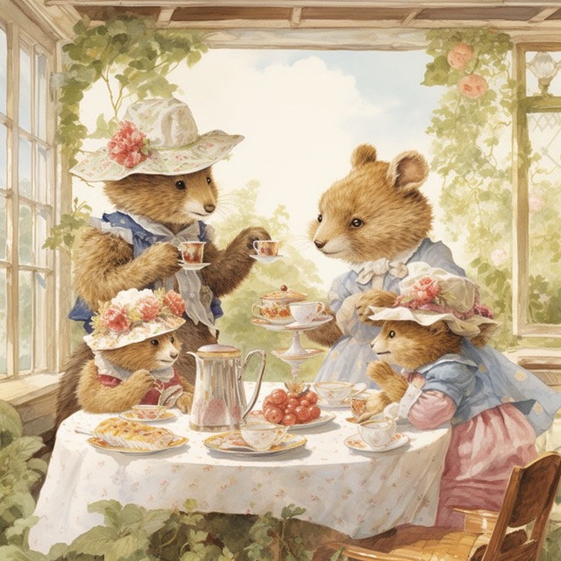 Teddy Bear Tea Time Watercolor Clip Art Sublimation Graphics 4 JPG ...