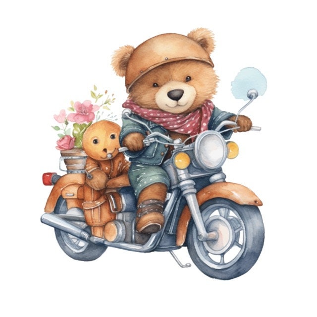 Teddy Bear Riding a Motorcycle Bike Watercolor Clip Art - Etsy